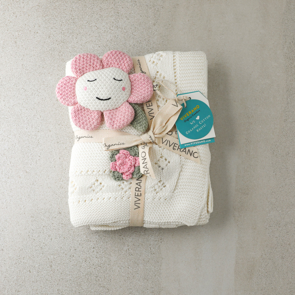 Flower Pointelle Knit Baby Blanket & Flower Rattle Toy Gift Set (Organ