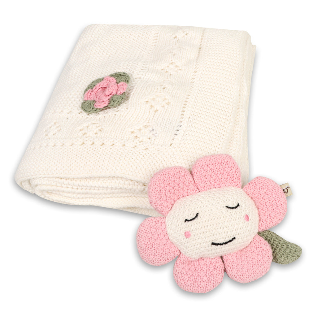 Flower Pointelle Knit Baby Blanket & Flower Rattle Toy Gift Set (Organ