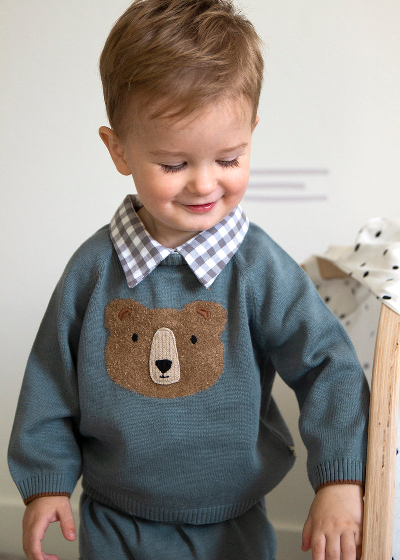 Bear Check Collar Pullover Baby Sweater (Organic Cotton)