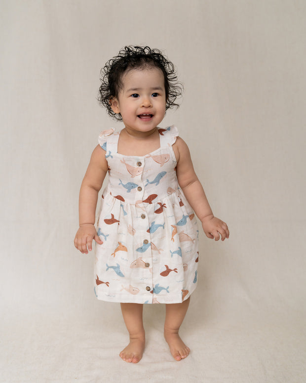 Whales Ruffle & Button Baby Dress+Bloomer (Organic Muslin) – Viverano