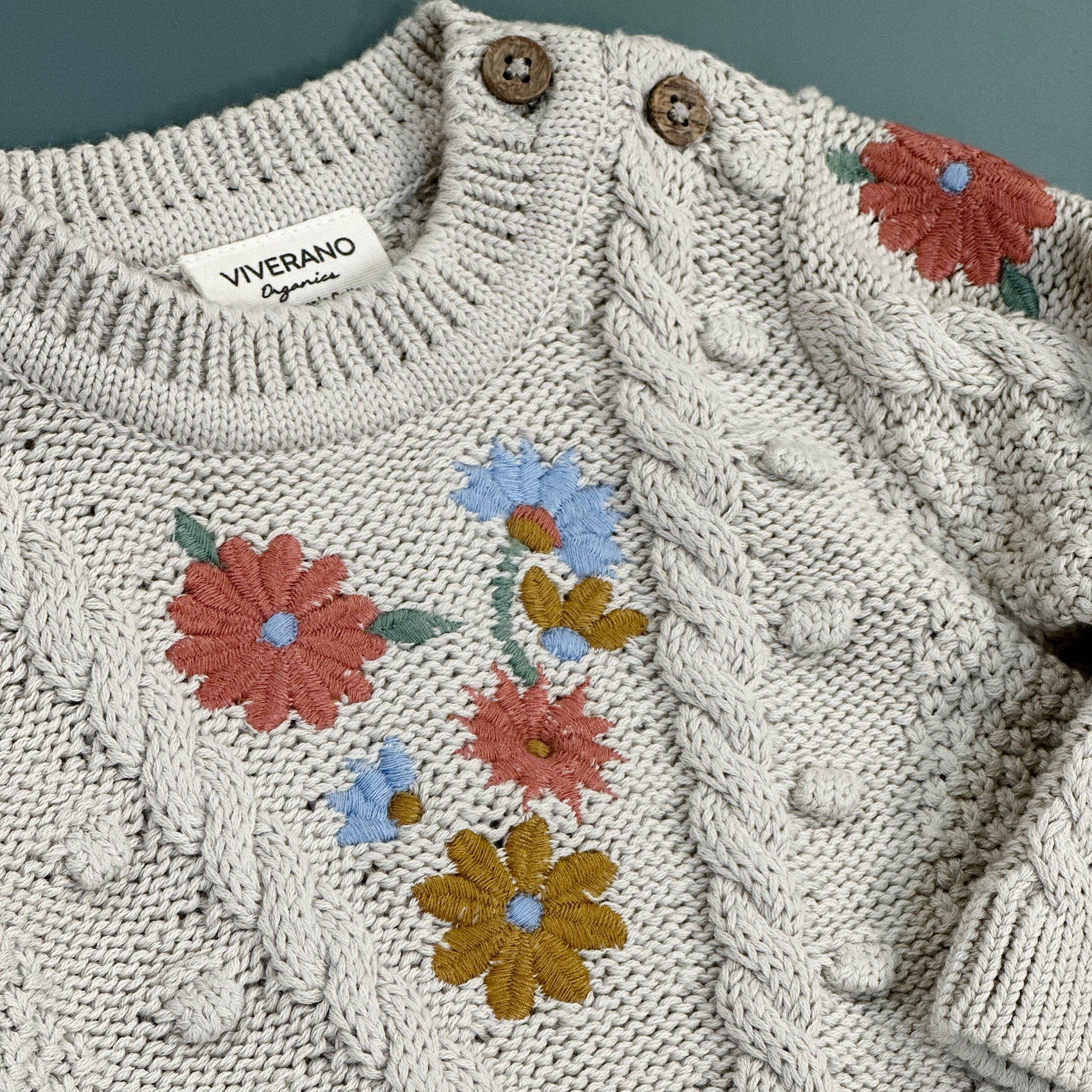 Floral Embroidered Chunky Knit Baby Pullover Sweater (Organic Cotton)