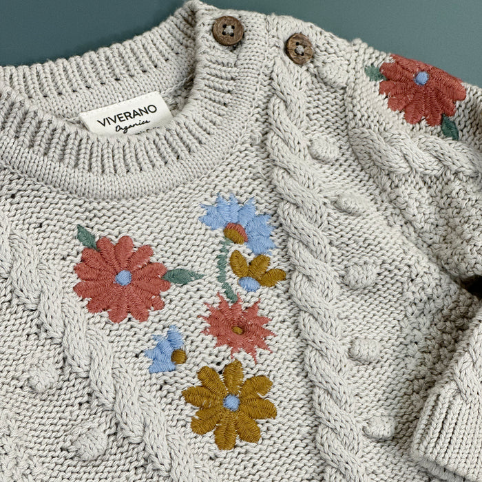 Floral Embroidered Chunky Knit Baby Pullover Sweater (Organic Cotton)