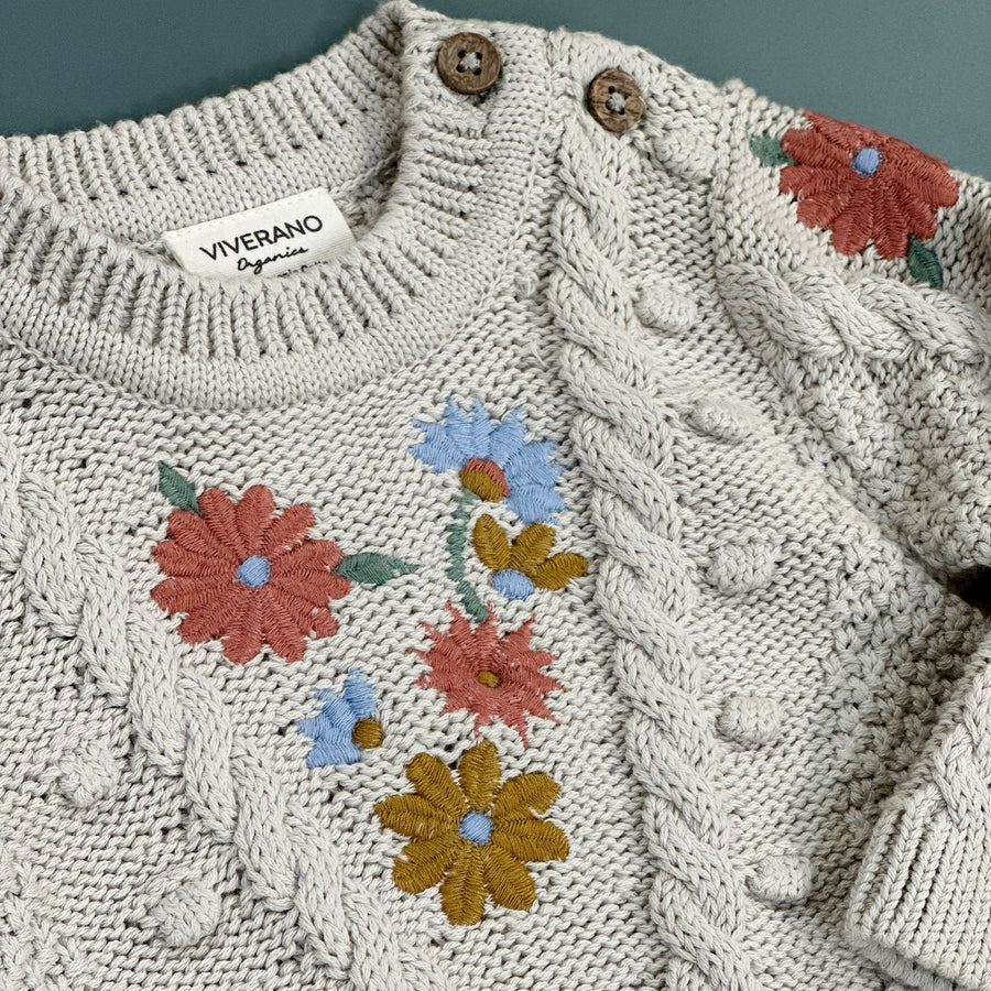 Floral Embroidered Chunky Knit Baby Pullover Sweater (Organic Cotton)
