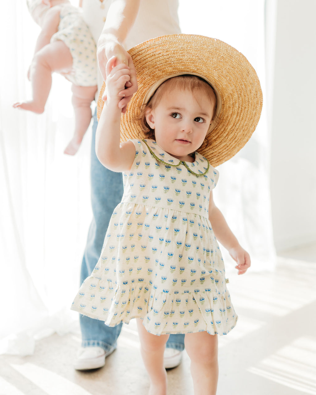Harper Peter Pan Collar Floral Baby Flare Dress + Bloomer (Linen Blend