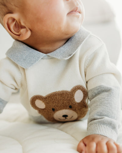 Cuddly Bear Applique Sweater Knit Collar Baby Pullover (Organic Cotton