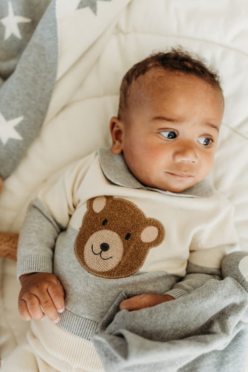 Cuddly Bear Applique Sweater Knit Collar Baby Pullover (Organic Cotton