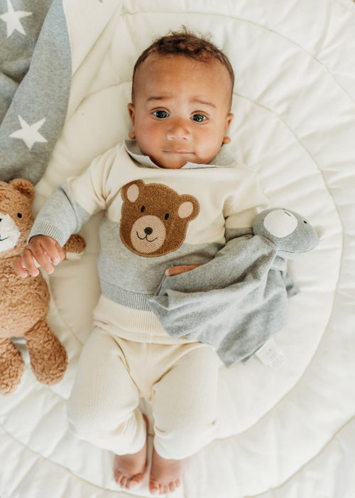 Cuddly Bear Applique Sweater Knit Collar Baby Pullover (Organic Cotton