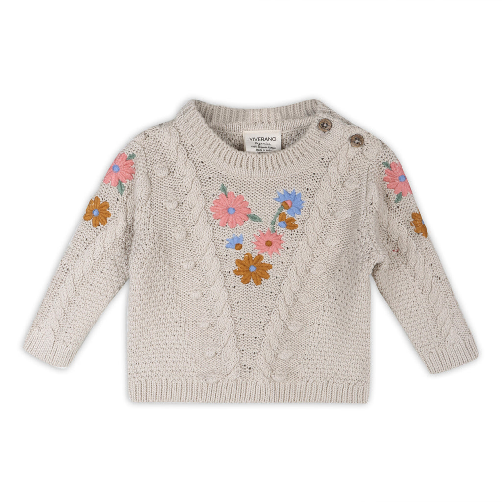 Floral Embroidered Chunky Knit Baby Pullover Sweater (Organic Cotton)