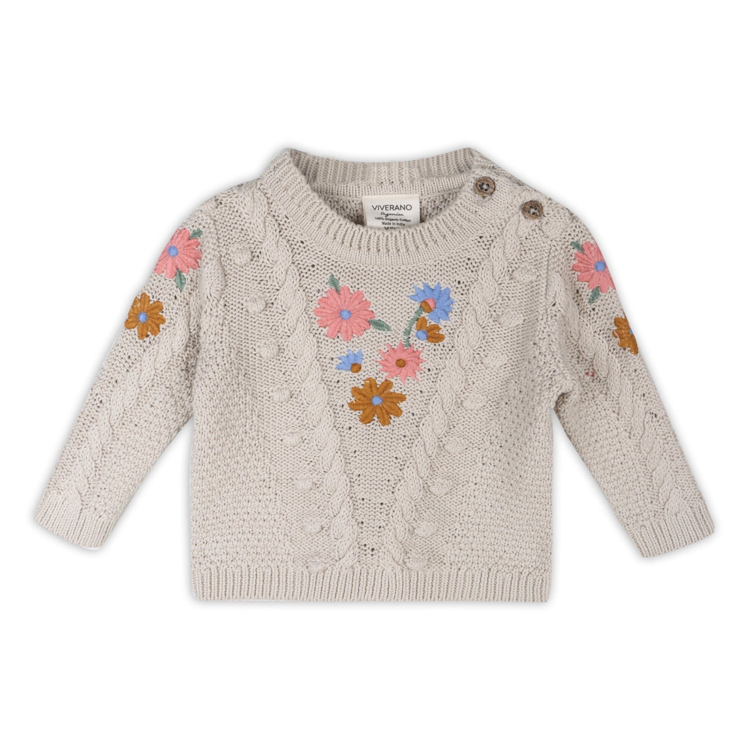 Floral Embroidered Chunky Knit Baby Pullover Sweater (Organic Cotton)