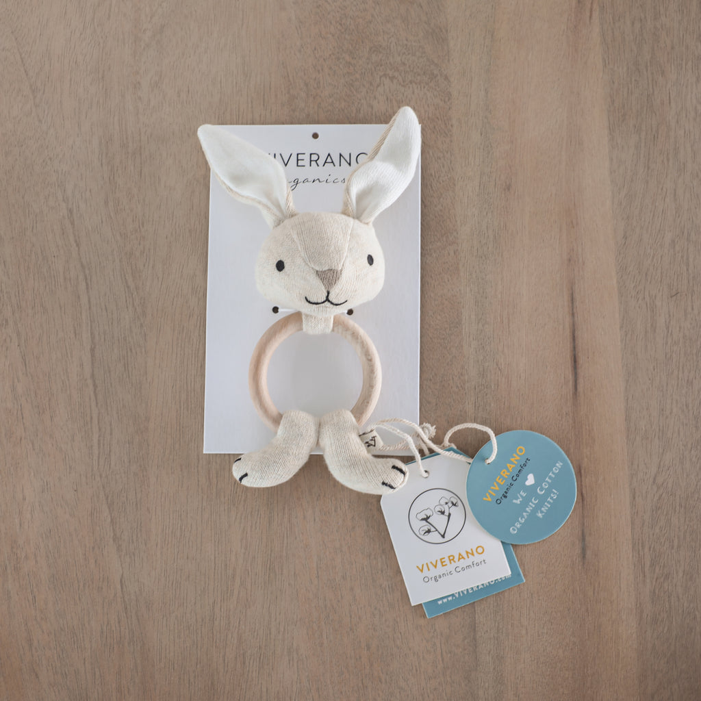 Bunny - Baby Teething Ring Rattle Toy (Organic Cotton / Wood) - 2 Colo