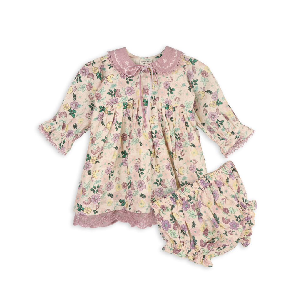 Floral Embroidered Collar Baby Flare Dress & Fancy Bloomer Set (Organi