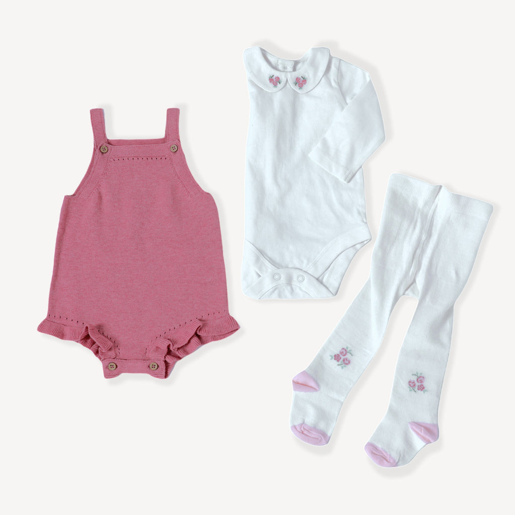 Rose Heather Knit Short Ruffle Romper, Bodysuit & Tights Set (Organic